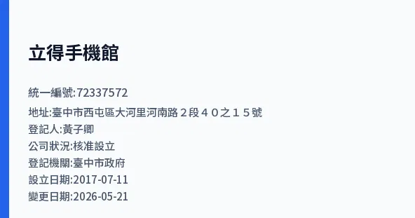 立得手機館的照片-統編 72337572(臺中市) 公司登記資料與營業項目詳細圖表