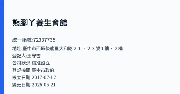 熊腳丫養生會館的照片-統編 72337735(臺中市) 公司登記資料與營業項目詳細圖表