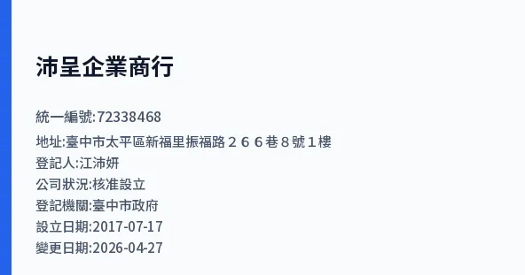 沛呈企業商行的照片-統編 72338468(臺中市) 公司登記資料與營業項目詳細圖表
