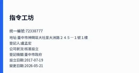 指令工坊的照片-統編 72338777(臺中市) 公司登記資料與營業項目詳細圖表