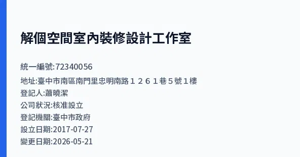 解個空間室內裝修設計工作室的照片-統編 72340056(臺中市) 公司登記資料與營業項目詳細圖表