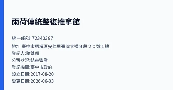 雨荷傳統整復推拿館的照片-統編 72340387(臺中市) 公司登記資料與營業項目詳細圖表