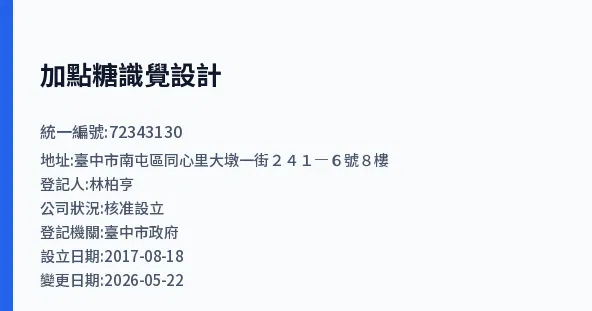 加點糖識覺設計的照片-統編 72343130(臺中市) 公司登記資料與營業項目詳細圖表