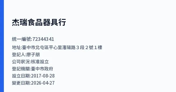 杰瑞食品器具行的照片-統編 72344341(臺中市) 公司登記資料與營業項目詳細圖表