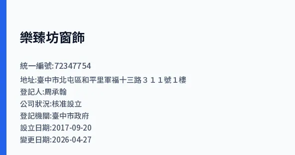 樂臻坊窗飾的照片-統編 72347754(臺中市) 公司登記資料與營業項目詳細圖表