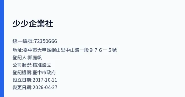 少少企業社的照片-統編 72350666(臺中市) 公司登記資料與營業項目詳細圖表