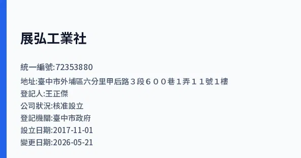 展弘工業社的照片-統編 72353880(臺中市) 公司登記資料與營業項目詳細圖表