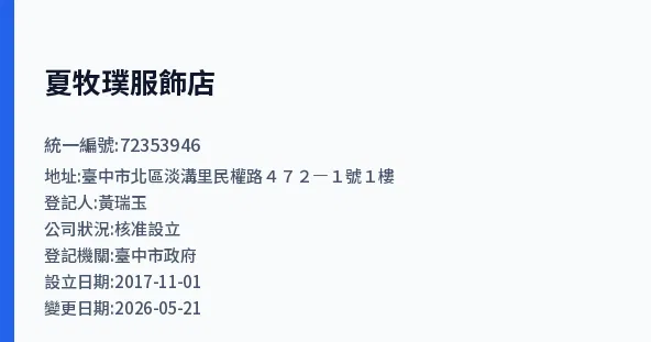 夏牧璞服飾店的照片-統編 72353946(臺中市) 公司登記資料與營業項目詳細圖表