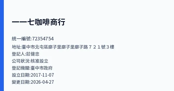 一一七咖啡商行的照片-統編 72354754(臺中市) 公司登記資料與營業項目詳細圖表