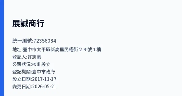 展誠商行的照片-統編 72356084(臺中市) 公司登記資料與營業項目詳細圖表