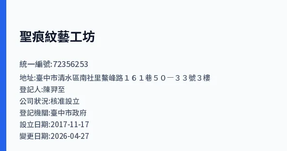 聖痕紋藝工坊的照片-統編 72356253(臺中市) 公司登記資料與營業項目詳細圖表