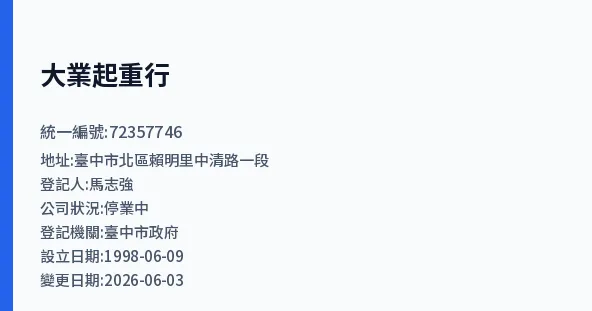 大業起重行的照片-統編 72357746(臺中市) 公司登記資料與營業項目詳細圖表