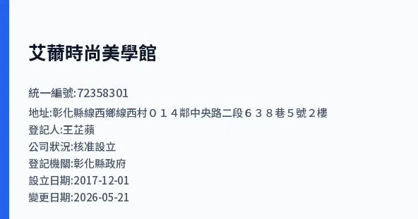 艾薾時尚美學館的照片-統編 72358301(彰化縣) 公司登記資料與營業項目詳細圖表