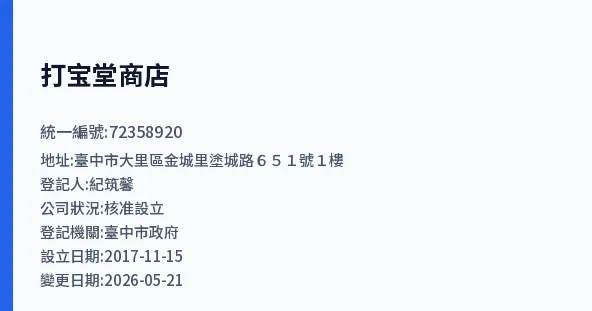 打宝堂商店的照片-統編 72358920(臺中市) 公司登記資料與營業項目詳細圖表