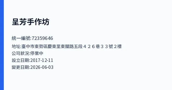 呈芳手作坊的照片-統編 72359646(臺中市) 公司登記資料與營業項目詳細圖表