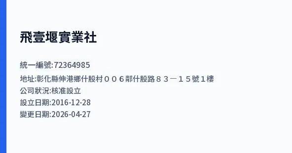 飛壹堰實業社的照片-統編 72364985(彰化縣) 公司登記資料與營業項目詳細圖表