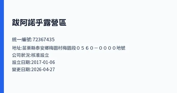 跋阿諾乎露營區的照片-統編 72367435(苗栗縣) 公司登記資料與營業項目詳細圖表