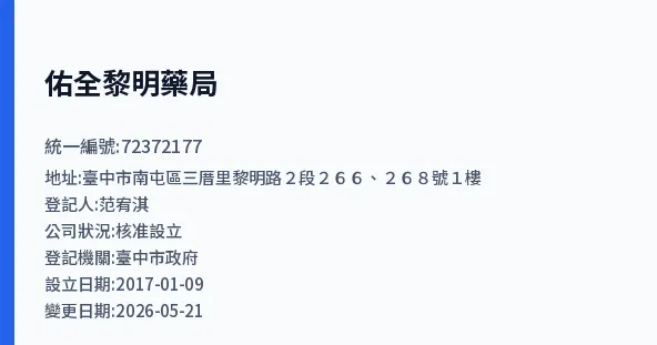 佑全黎明藥局的照片-統編 72372177(臺中市) 公司登記資料與營業項目詳細圖表