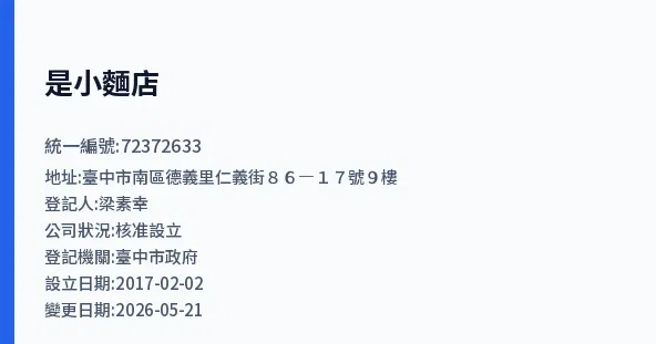 是小麵店的照片-統編 72372633(臺中市) 公司登記資料與營業項目詳細圖表