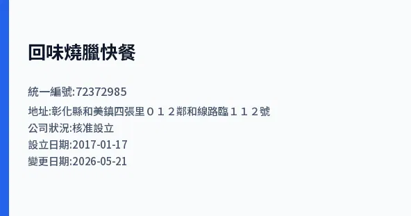 回味燒臘快餐的照片-統編 72372985(彰化縣) 公司登記資料與營業項目詳細圖表