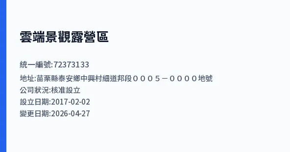 雲端景觀露營區的照片-統編 72373133(苗栗縣) 公司登記資料與營業項目詳細圖表