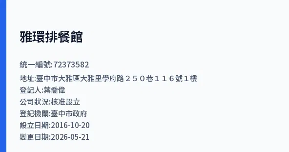 雅環排餐館的照片-統編 72373582(臺中市) 公司登記資料與營業項目詳細圖表
