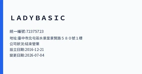 LADYBASIC的照片-統編 72375723(臺中市) 公司登記資料與營業項目詳細圖表