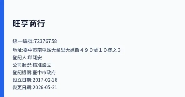 旺亨商行的照片-統編 72376758(臺中市) 公司登記資料與營業項目詳細圖表