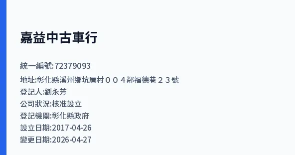 嘉益中古車行的照片-統編 72379093(彰化縣) 公司登記資料與營業項目詳細圖表