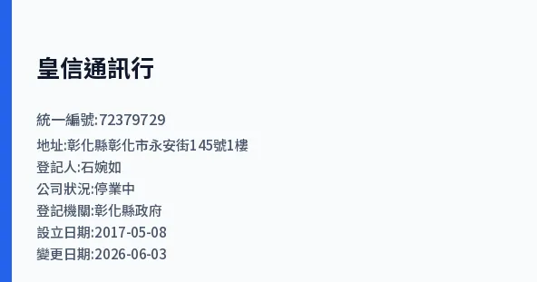 皇信通訊行的照片-統編 72379729(彰化縣) 公司登記資料與營業項目詳細圖表