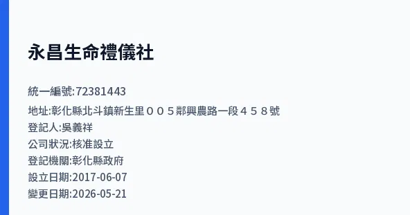 永昌生命禮儀社的照片-統編 72381443(彰化縣) 公司登記資料與營業項目詳細圖表