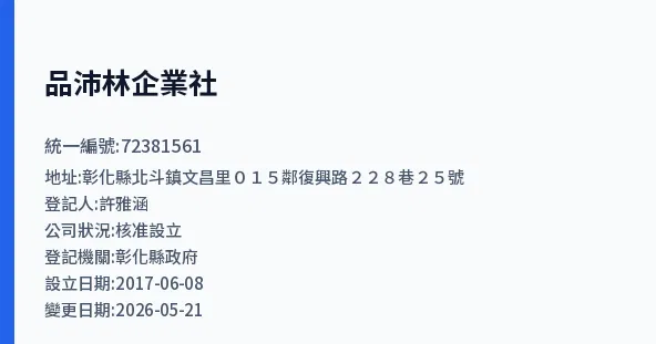 品沛林企業社的照片-統編 72381561(彰化縣) 公司登記資料與營業項目詳細圖表