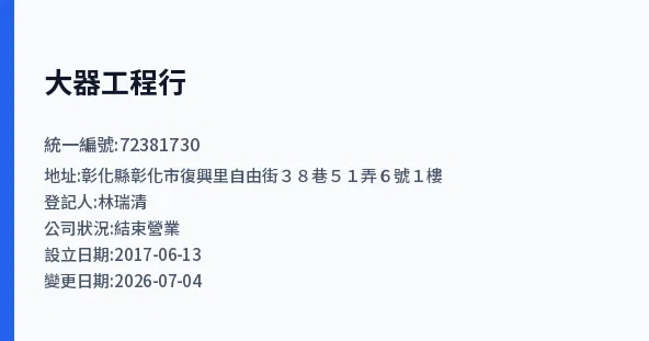 大器工程行的照片-統編 72381730(彰化縣) 公司登記資料與營業項目詳細圖表