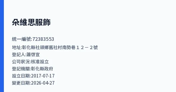 朵維思服飾的照片-統編 72383553(彰化縣) 公司登記資料與營業項目詳細圖表