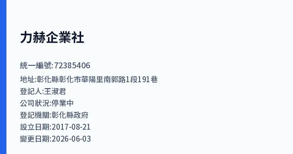 力赫企業社的照片-統編 72385406(彰化縣) 公司登記資料與營業項目詳細圖表