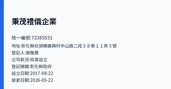 秉茂禮儀企業的照片-統編 72385551(彰化縣) 公司登記資料與營業項目詳細圖表