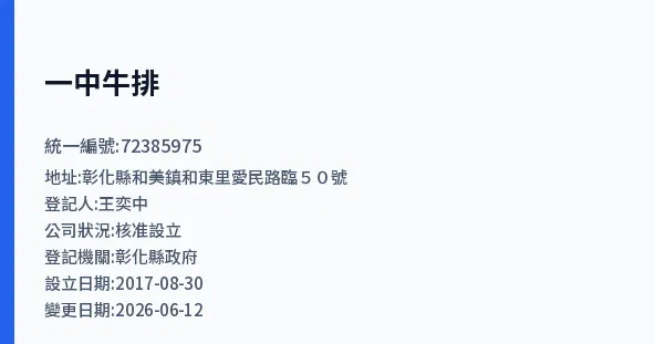 一中牛排的照片-統編 72385975(彰化縣) 公司登記資料與營業項目詳細圖表