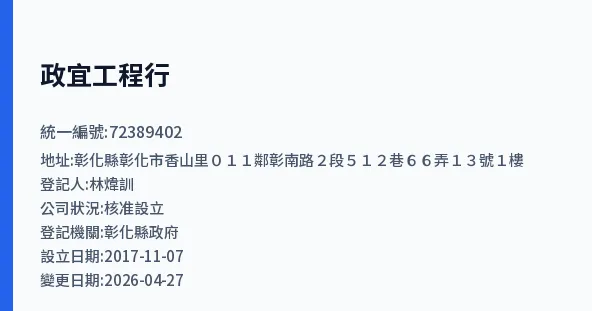 政宜工程行的照片-統編 72389402(彰化縣) 公司登記資料與營業項目詳細圖表