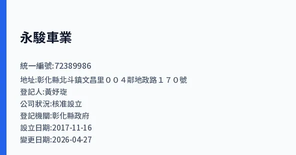 永駿車業的照片-統編 72389986(彰化縣) 公司登記資料與營業項目詳細圖表