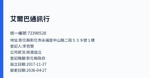 艾爾巴通訊行的照片-統編 72390528(彰化縣) 公司登記資料與營業項目詳細圖表