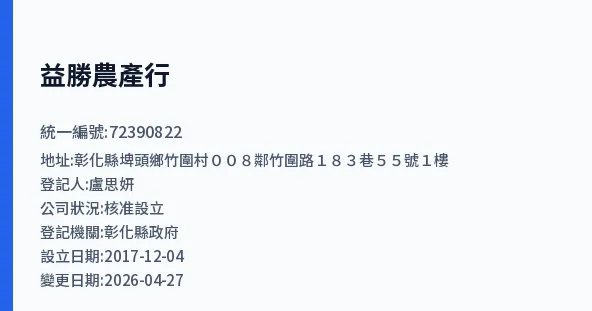 益勝農產行的照片-統編 72390822(彰化縣) 公司登記資料與營業項目詳細圖表