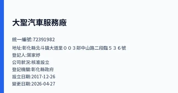 大聖汽車服務廠的照片-統編 72391982(彰化縣) 公司登記資料與營業項目詳細圖表