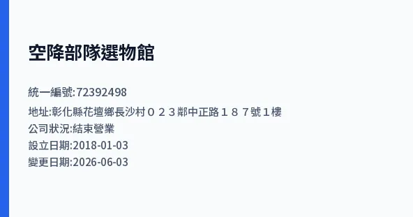 空降部隊選物館的照片-統編 72392498(彰化縣) 公司登記資料與營業項目詳細圖表