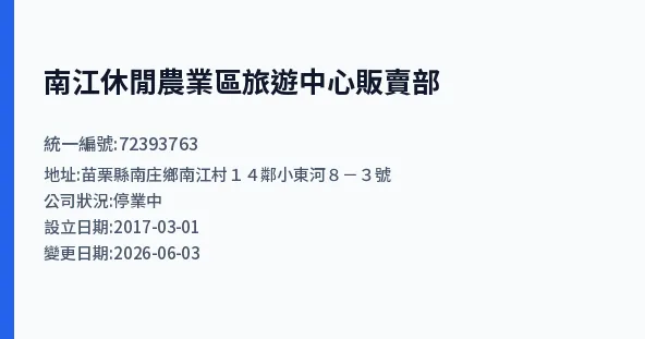 南江休閒農業區旅遊中心販賣部的照片-統編 72393763(苗栗縣) 公司登記資料與營業項目詳細圖表