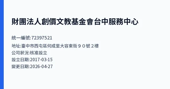 財團法人創價文教基金會台中服務中心的照片-統編 72397521(臺中市) 公司登記資料與營業項目詳細圖表