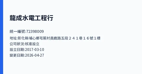龍成水電工程行的照片-統編 72398009(彰化縣) 公司登記資料與營業項目詳細圖表