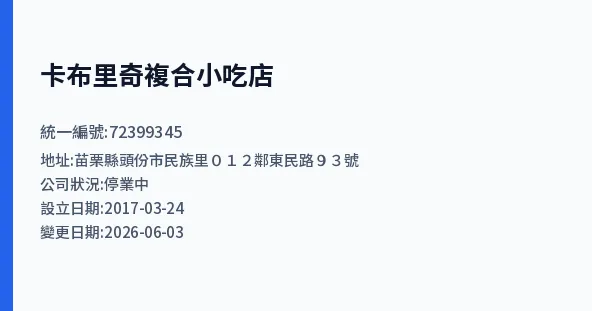 卡布里奇複合小吃店的照片-統編 72399345(苗栗縣) 公司登記資料與營業項目詳細圖表