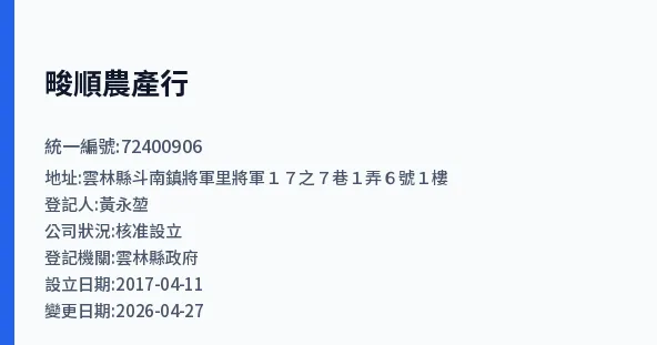 畯順農產行的照片-統編 72400906(雲林縣) 公司登記資料與營業項目詳細圖表