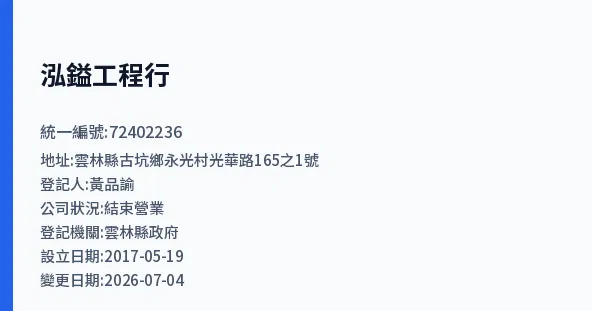 泓鎰工程行的照片-統編 72402236(雲林縣) 公司登記資料與營業項目詳細圖表