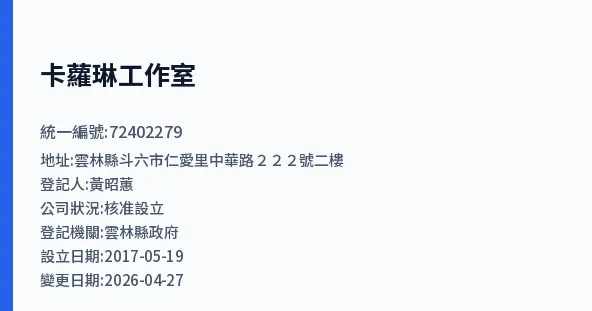卡蘿琳工作室的照片-統編 72402279(雲林縣) 公司登記資料與營業項目詳細圖表